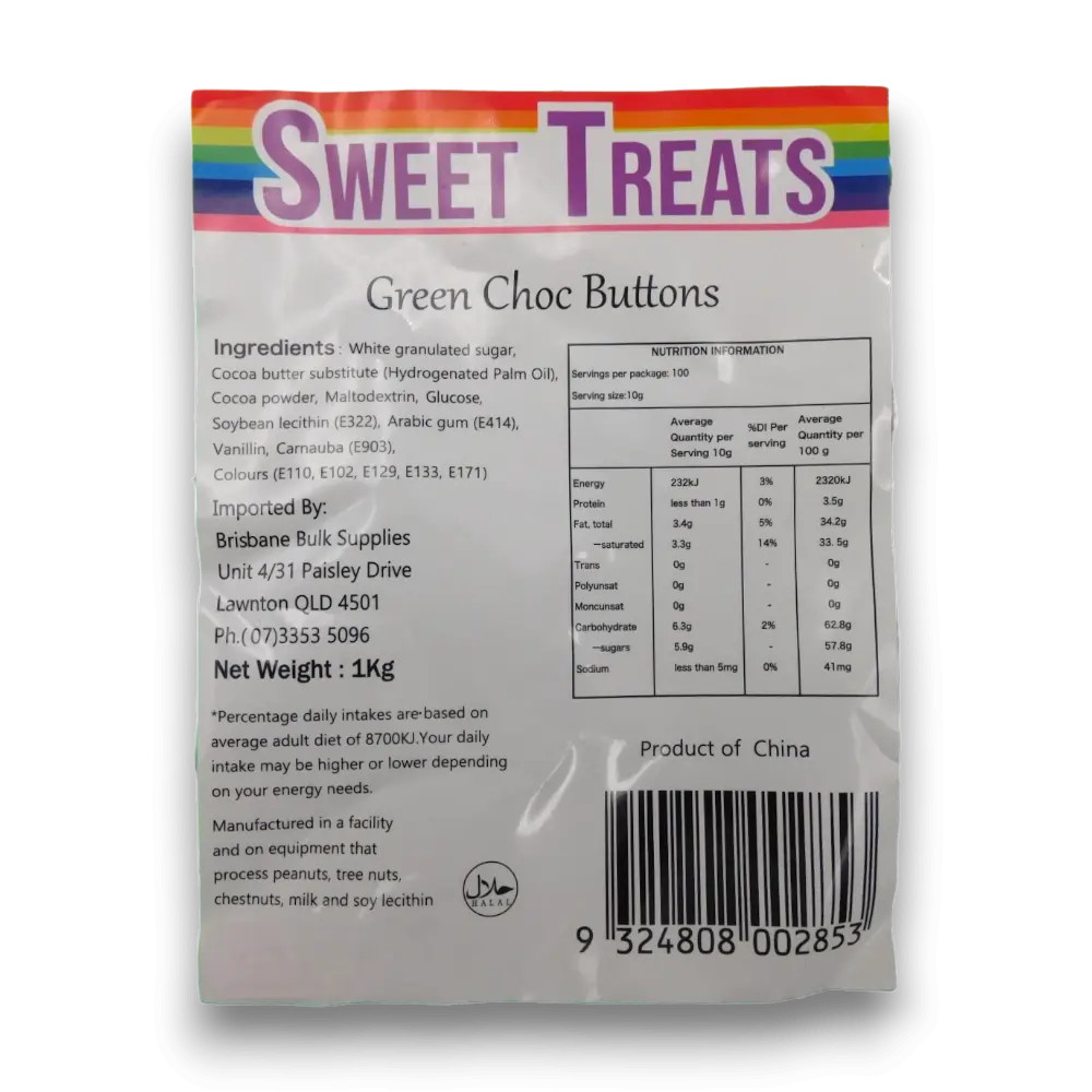 Sweet Treats Green Choc Buttons - 1kg Bag | Buy Online