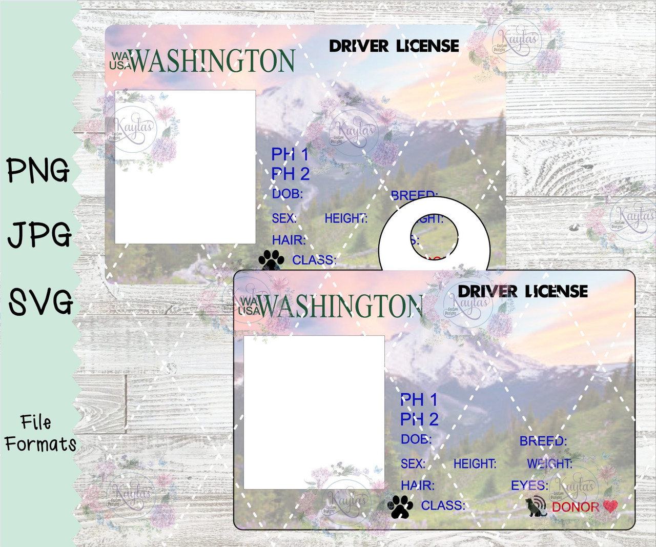 Pet ID Tag Inspired by Washington Drivers License Digital Download
