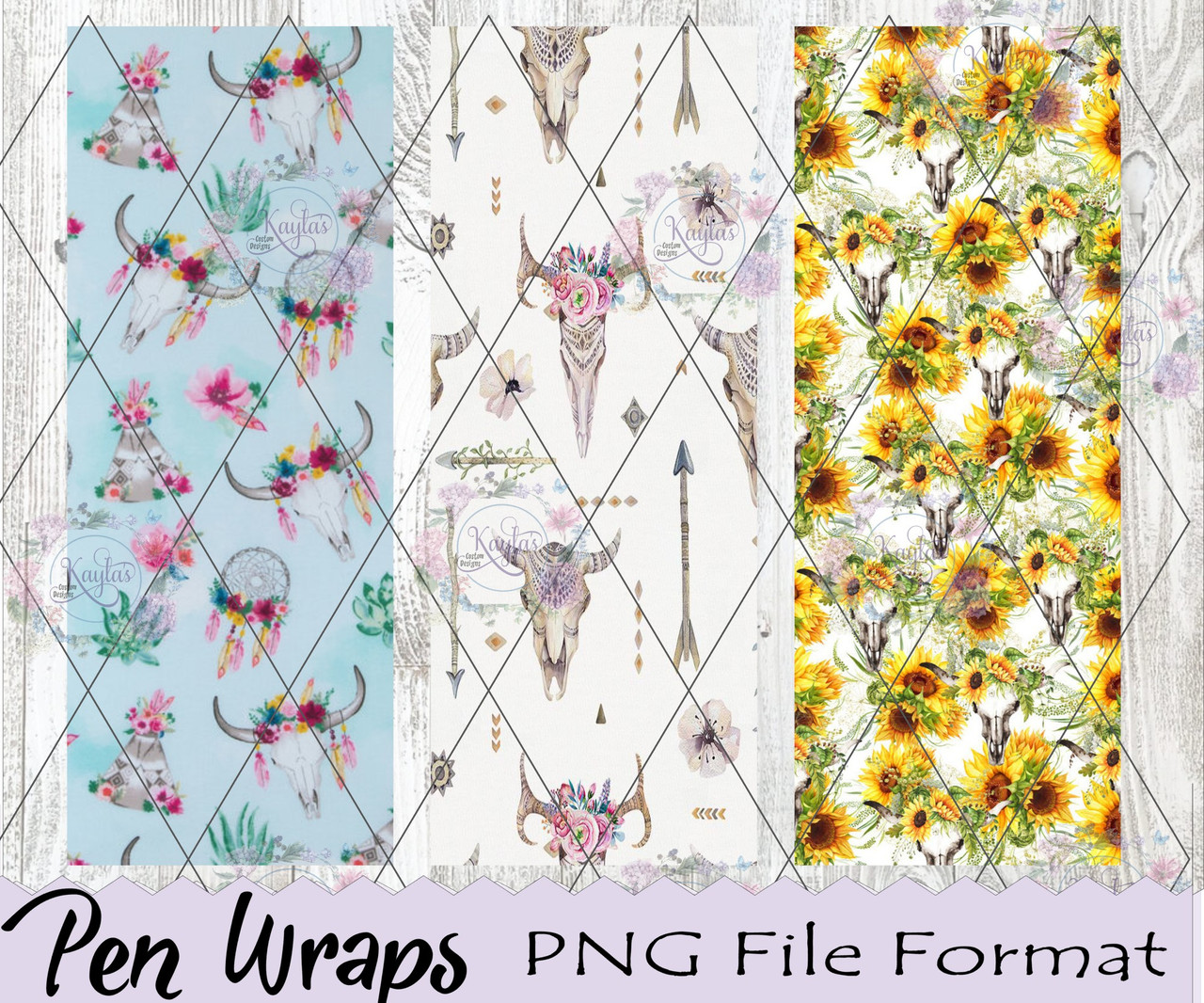 Boho, Feather and Cow Skull Pen Wraps Digital Download
