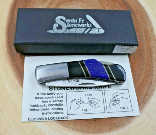 SANTA FE STONEWORKS LOCK BACK KNIFE Lapis Jet Stone 440C Pocket Knife ...