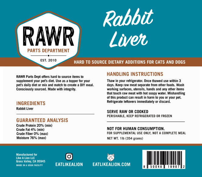 Rawr Frozen Rabbit Liver 1lb - Pet Food Warehouse