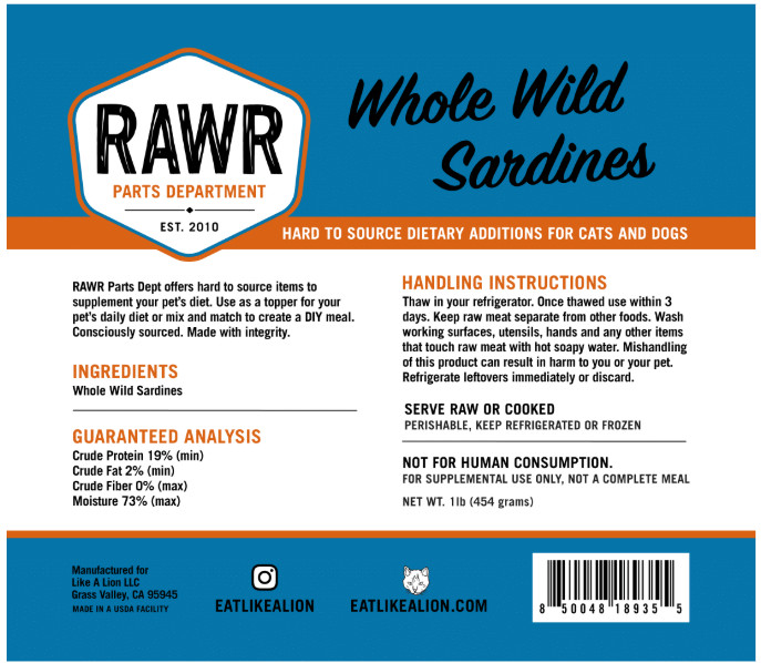 Rawr Frozen Sardine 1lb - Pet Food Warehouse