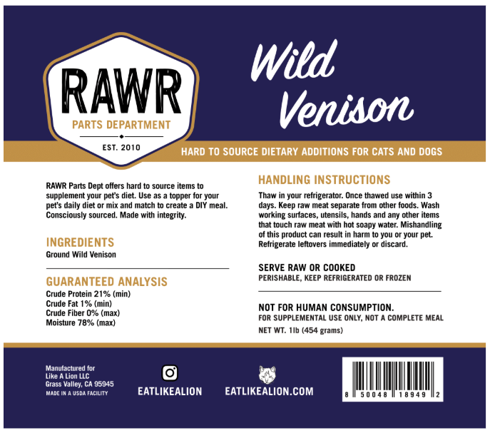 Rawr Frozen Venison 1lb - Pet Food Warehouse