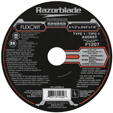 Flexovit Razorblade Angle Grinder Metal Cutting Blade, Type 1 Abrasive ...