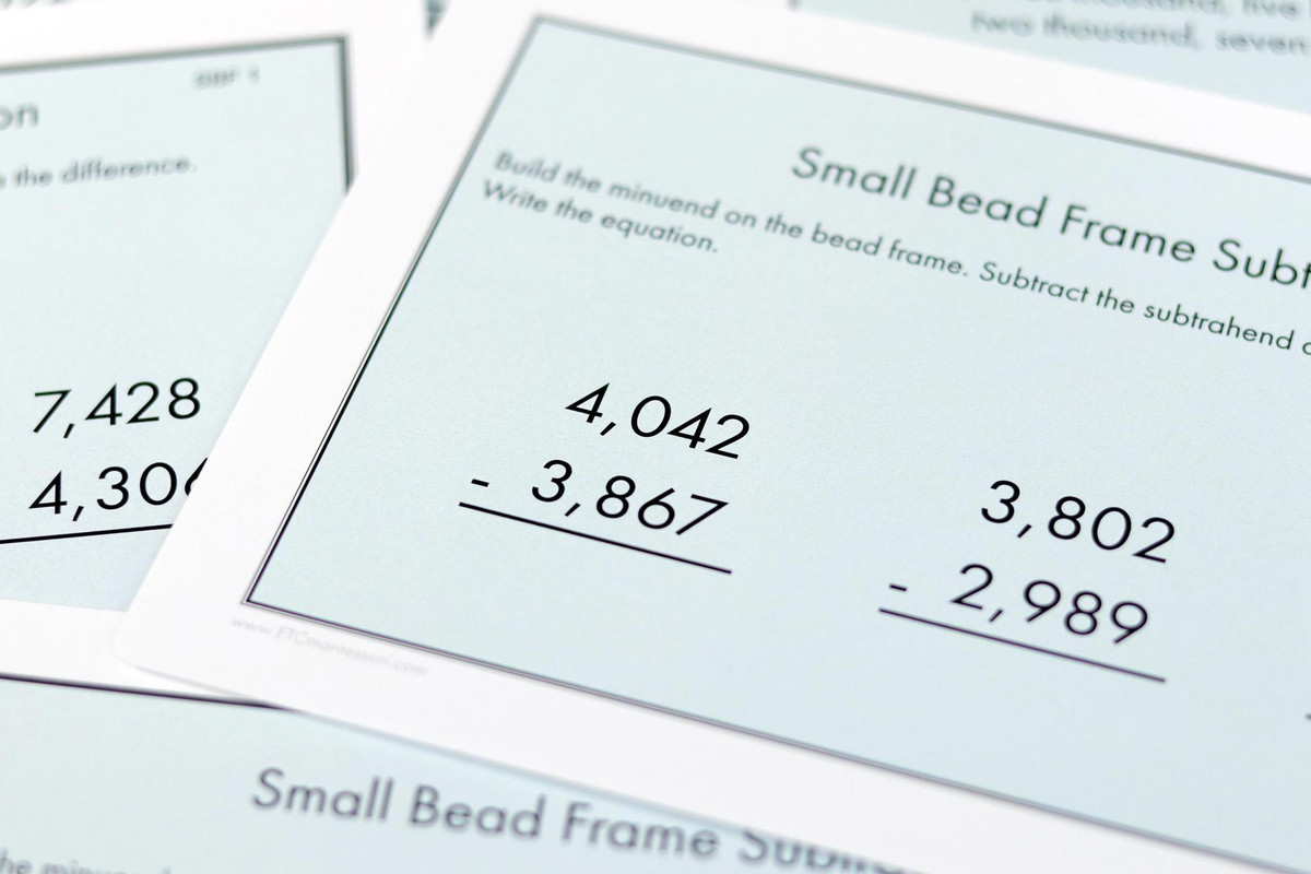 Small Bead Frame Subtraction Task Cards. Level 3-6 | ETC Montessori
