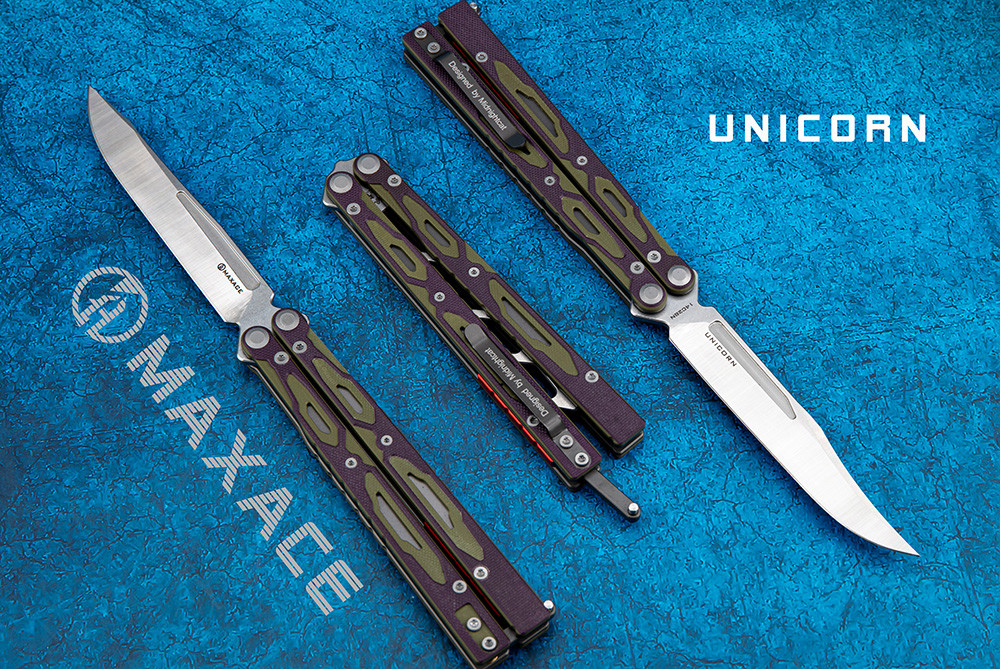 Maxace Knives Unicorn Butterfly Knife Satin / Stonewash Spearpoint ...