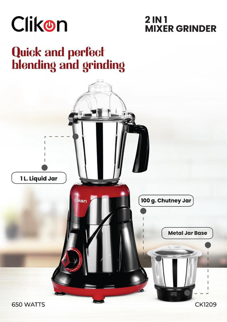 Clikon 2-in-1 Mixer Grinder, 650W Powerful Copper Motor, Made in India ...
