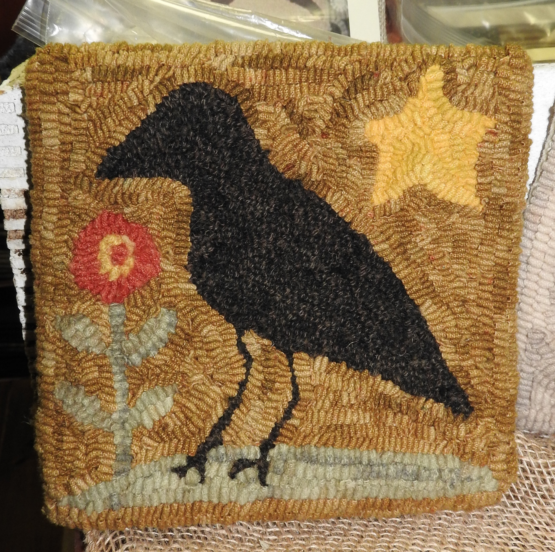 Primitive Rug Hooking Beginner Kit ~ Crow and Flower