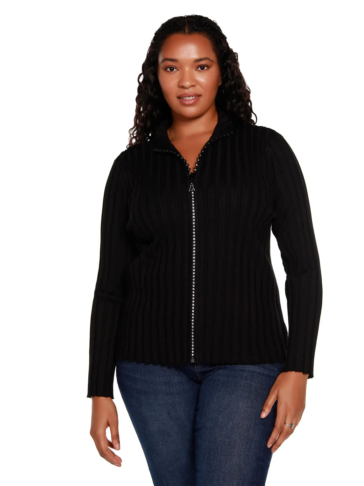 Belldini Sweater Top Rhinestone Bling Detailed Zip Up Ribbed Black - Go ...