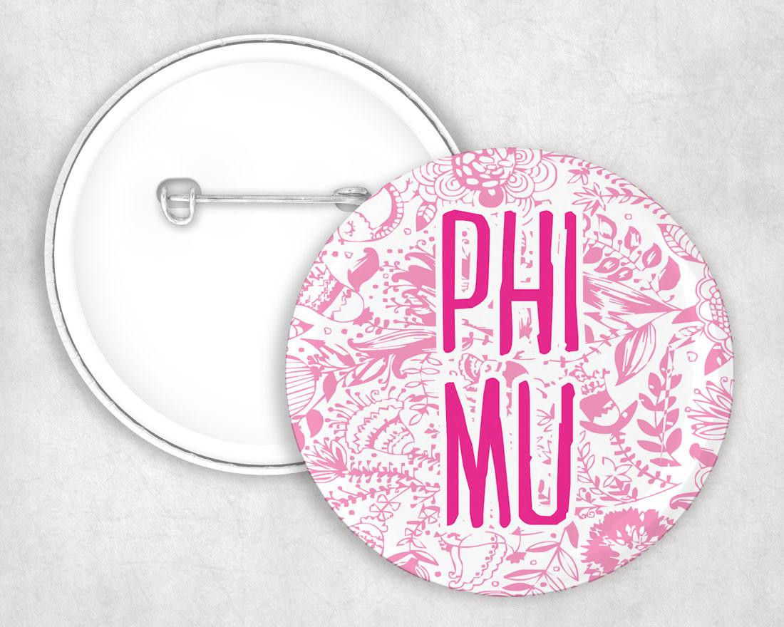 Phi Mu floral-text Pin Buttons - Greek Gear