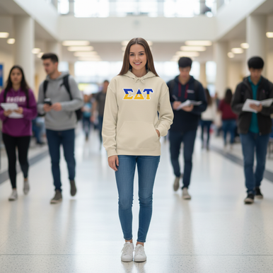 Sigma Delta Tau Two Tone Lettered Hooded Sweatshirts - Greek Gear