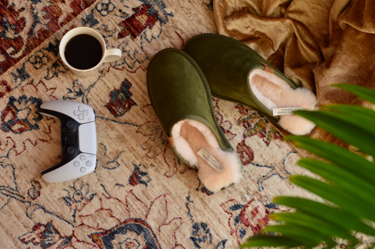 Men's Green Sheepskin Mule Slippers
