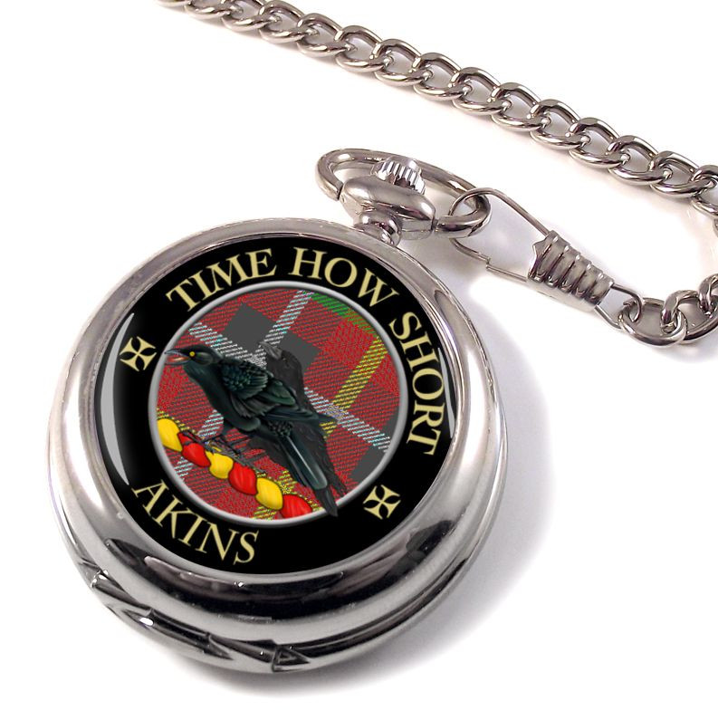 Akins Clan Crest Round Shaped Chrome Plated Pocket Watch - For ...
