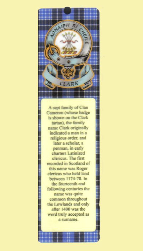 Clark Clan Badge Clan Clark Tartan Laminated Bookmarks Set of 2 - For ...
