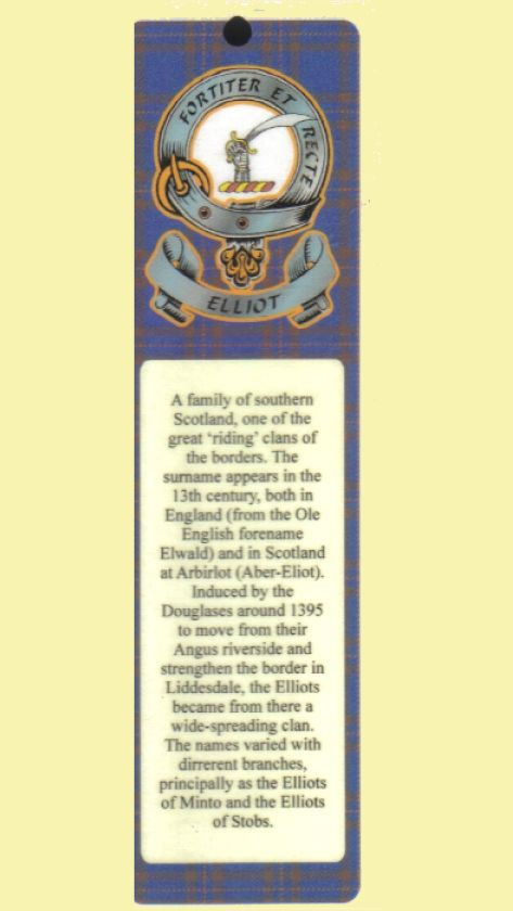 Elliot Clan Badge Clan Elliot Tartan Laminated Bookmarks Set of 2 - For ...