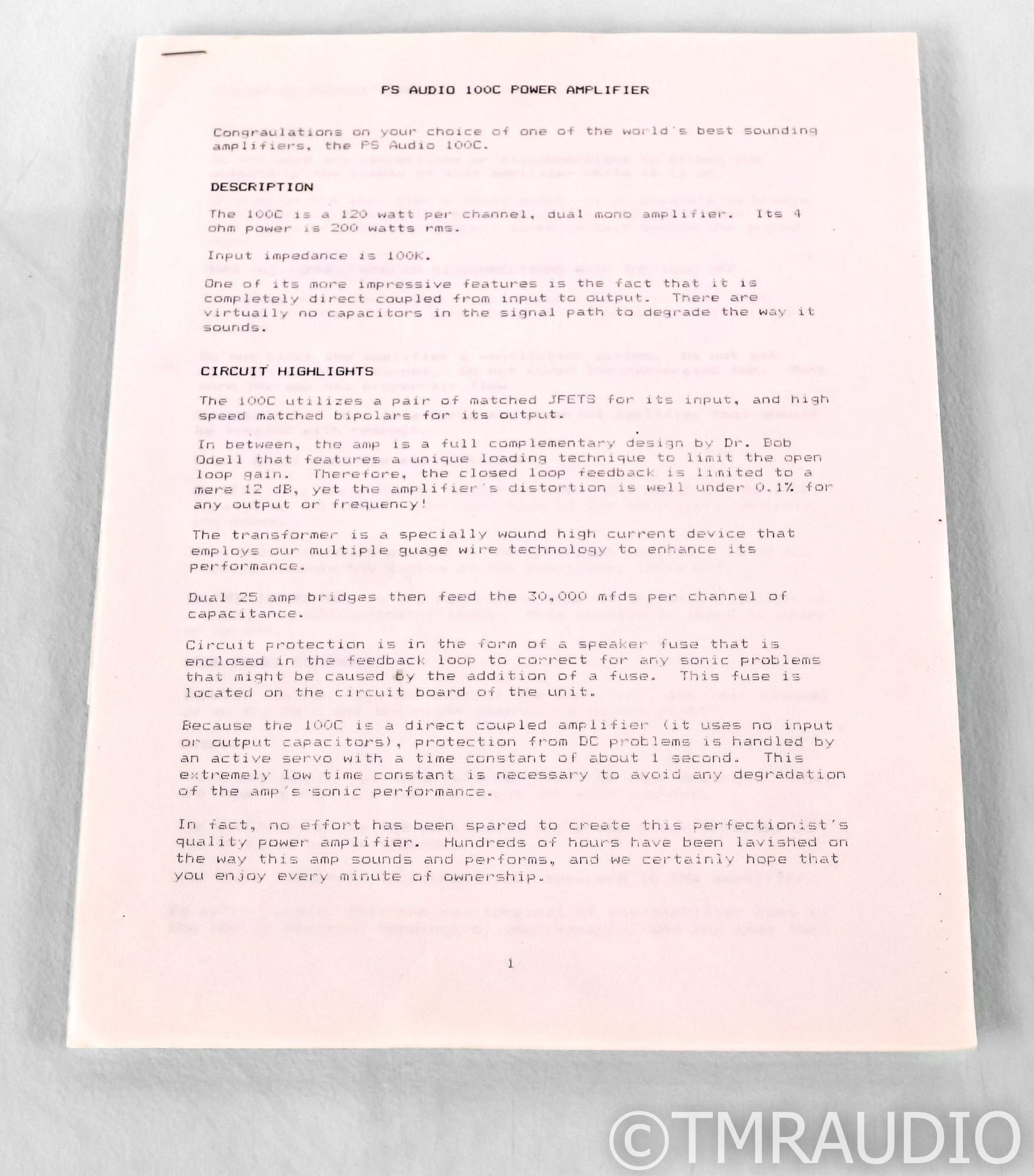 PS Audio 100c Vintage Dual Mono Power Amplifier; 100-C; Black - Rare ...