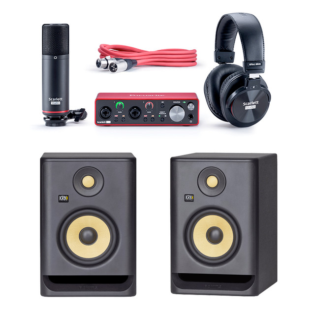 KRK 2X RP7G4-NA 7" POWERED STUDIO MONITOR WITH FOCUSRITE SCARLETT 2I2 ...