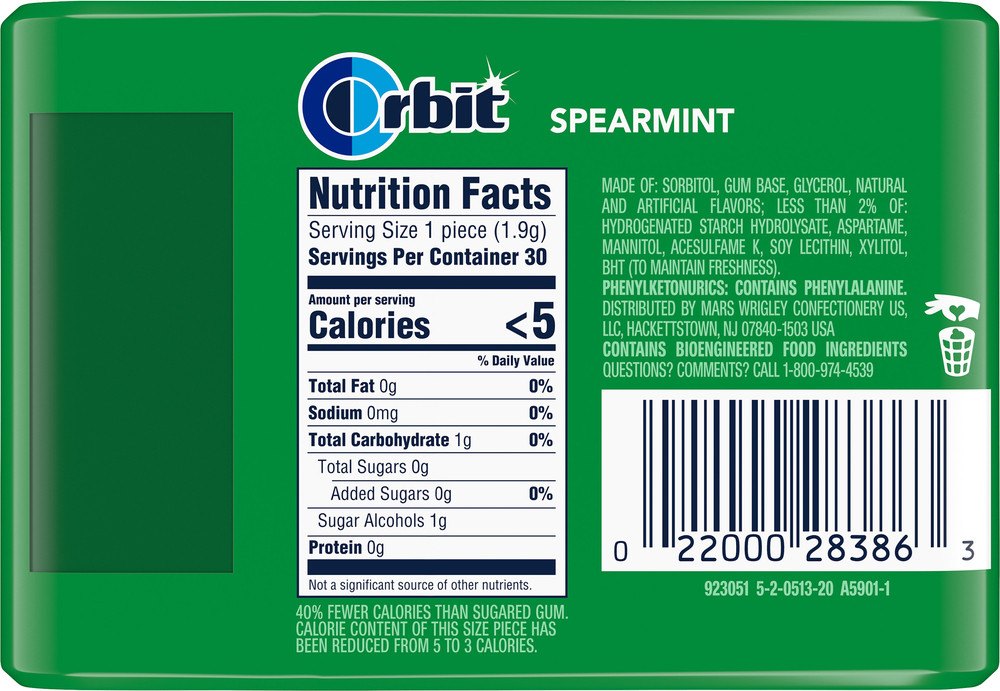 Orbit Sugar-Free Gum Mega Pack Spearmint, 30 Sticks (6 Pack)