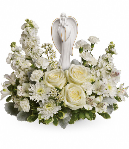 Pure White Flowers and Angel Keepsake Sympathy Arrangement