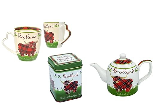Highland Cow Tea Set - 2 Mugs, Teapot & Breakfast Tea
