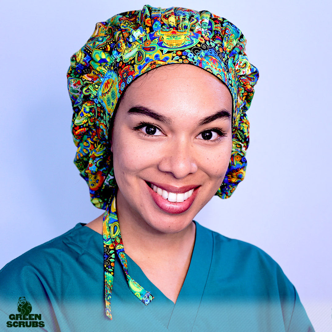 Green Scrubs - Tie Bonnet Scrub Hat with Terry - Sugar Skulls - Green ...