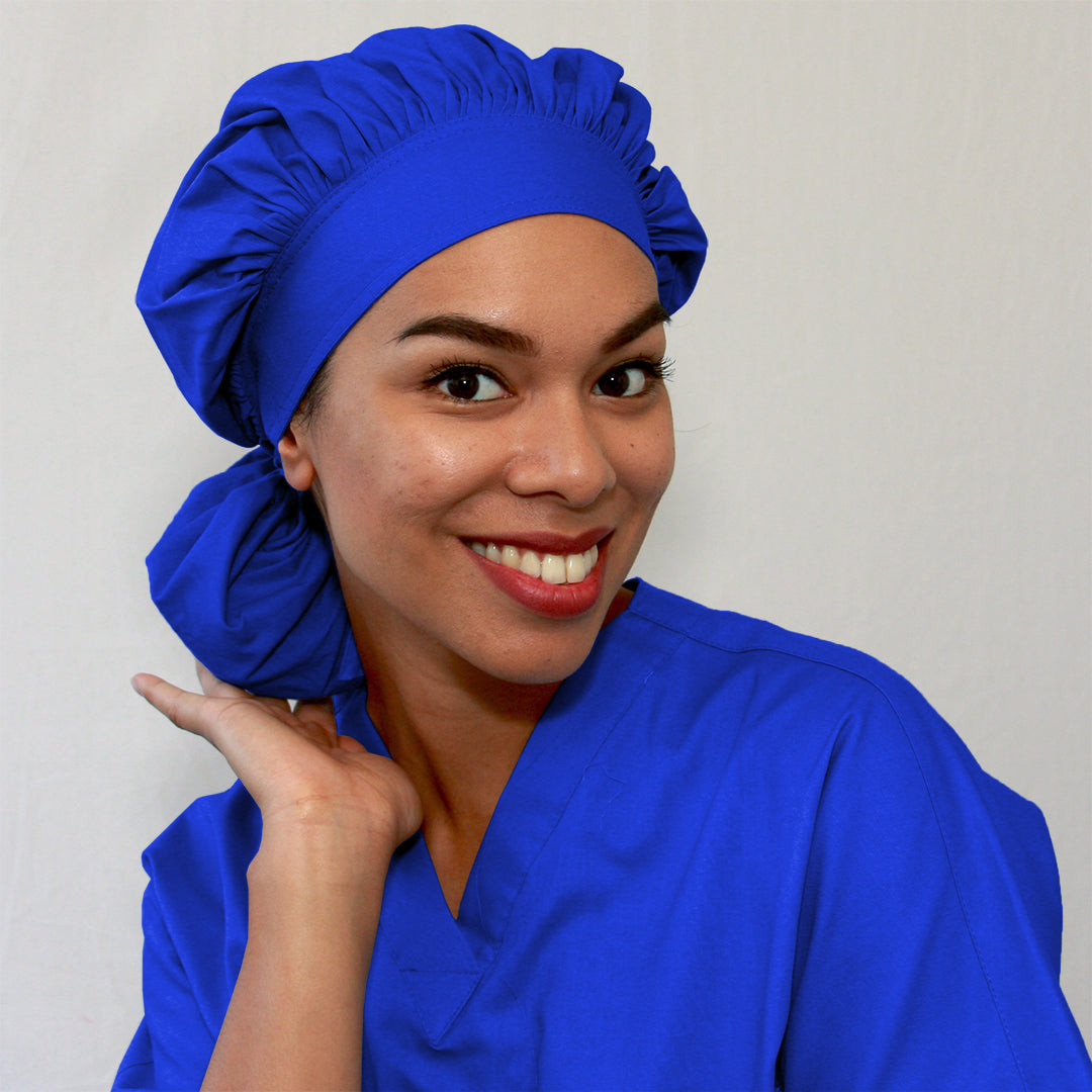 Royal Blue Poplin Tie Bonnet Scrub Hats by Green Scrubs