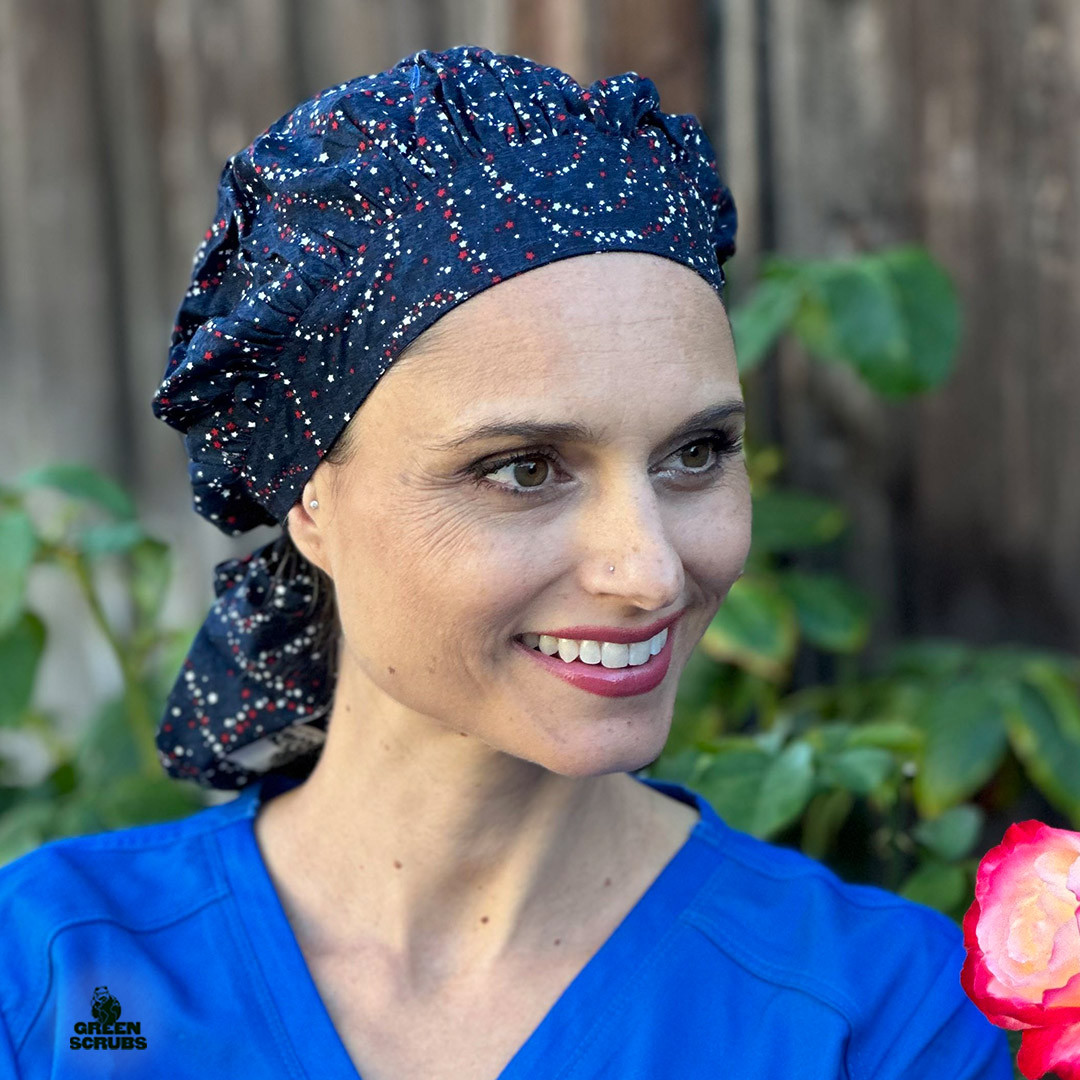 Green Scrubs - Tie Bonnet Scrub Hat with Terry - Swirly Stars - Green ...