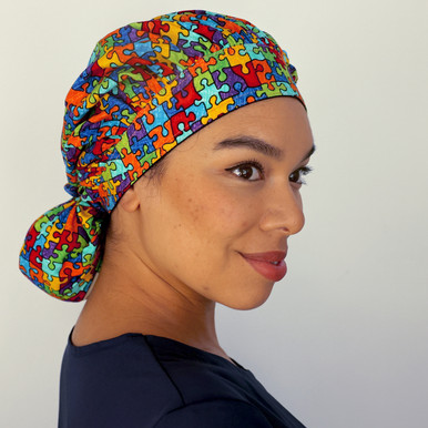 Green Scrubs - Tie Bonnet Scrub Hat with Terry - Puzzle Pieces - Green ...