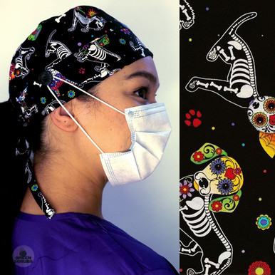 Green Scrubs - Skull Scrub Cap - Dia De Los Muertos Dogs - Green Scrubs