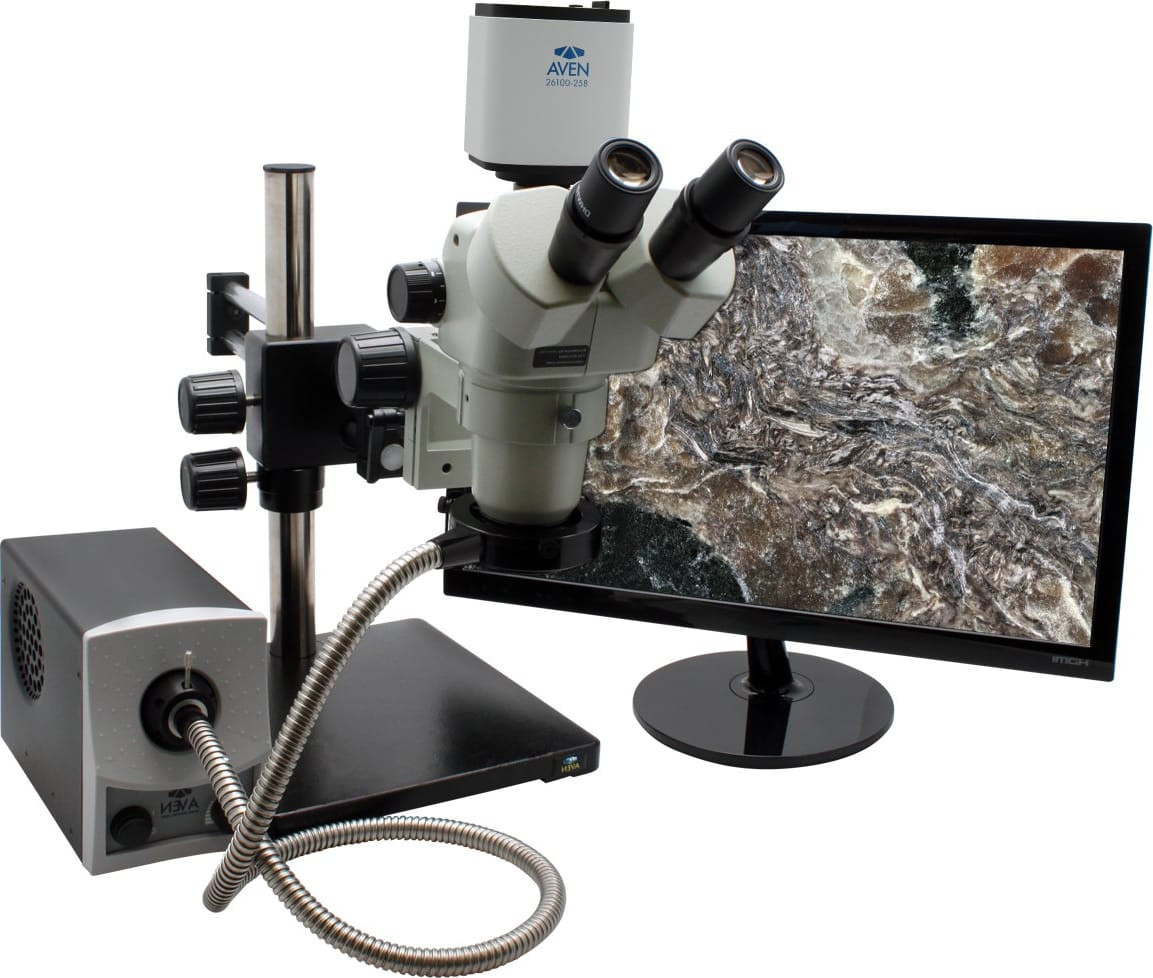 AVEN - SPZ TRINOCULAR MICROSCOPE MOUNTED ON DOUBLE ARM BOOM STAND, ERAM ...