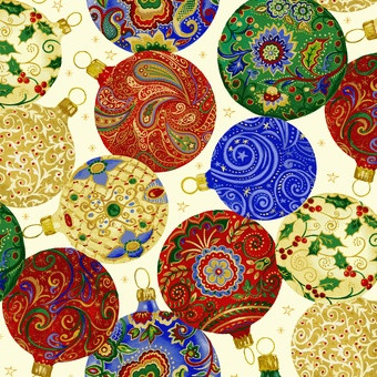 ASSORTED CHRISTMAS ORNAMENTS ON CREAM FABRIC - BTR7238-M-041-CREAM ...