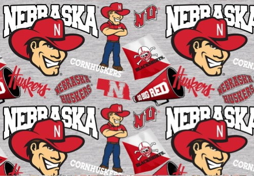 UNIVERSITY OF NEBRASKA LOGOS, BULLHORNS, ETC ON GRAY FABRIC - NE-1164 ...