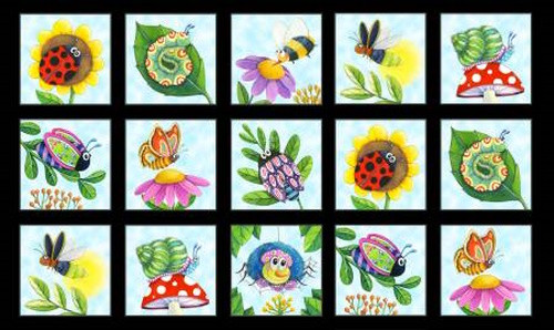Brightly Colored Whimsical Insects 24" x 44" Block Panel - 17008-Black ...