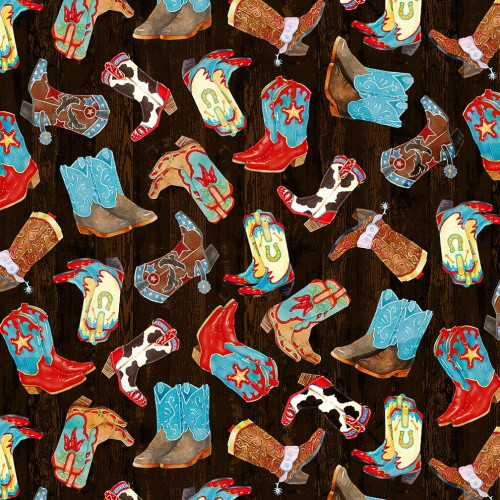 Tossed Multi-Color Boots on Brown Fabric - 9153-33 - Sunset Rodeo ...
