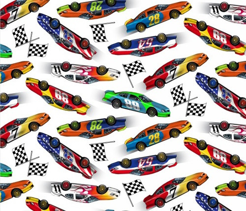 Multi-Color Racing Cars with Checkered Flags on White Fabric - 673White ...