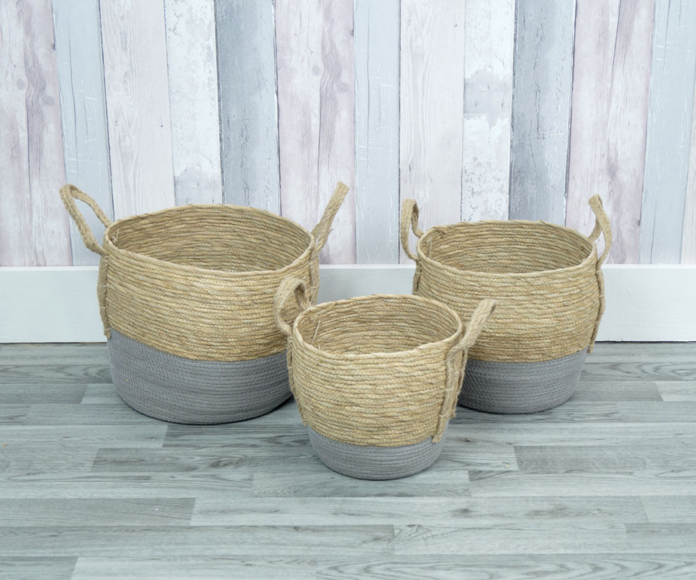 Set of 3 Nested Straw Storage Baskets Grey Dipped Base 35cm Diameter