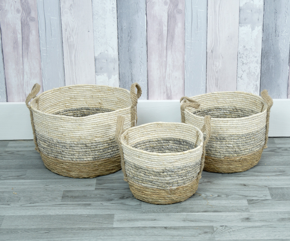 Set of 3 Nested Straw Storage Baskets Natural Grey Brown Bands 35cm ...