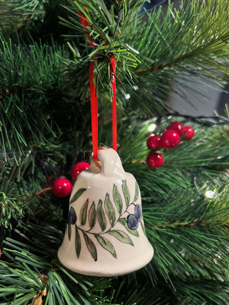 Olive branch painted Christmas bell ornament