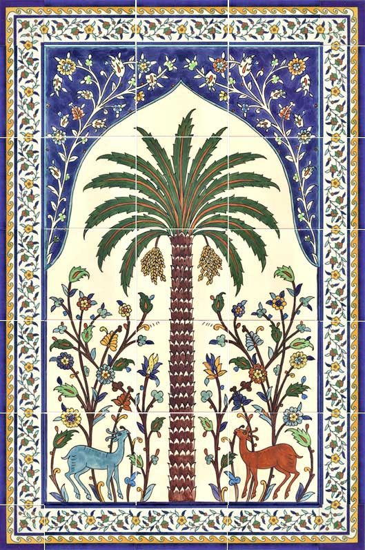 Palm tree ceramic tile mural with yellow floral border tiles