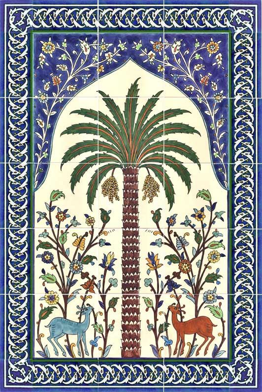 Palm tree ceramic tile mural with cobalt blue border tiles