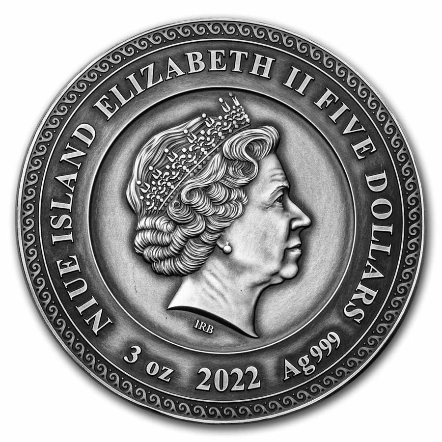 2022 Niue 3 oz Silver Antique Divine Faces of the Sun Helios NGC 70