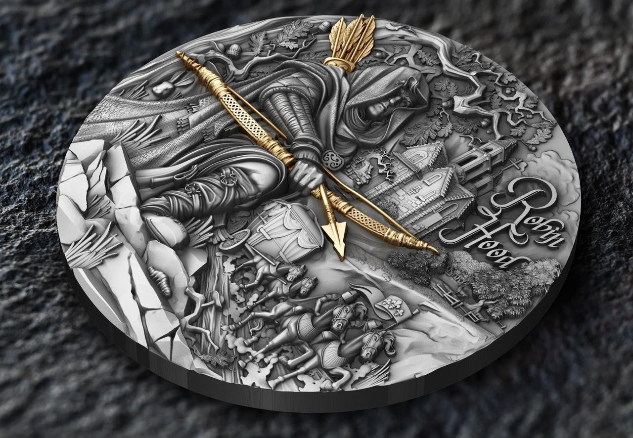 2024 Cameroon Robin Hood 2 Oz Silver 24K Gold Gilded Coin