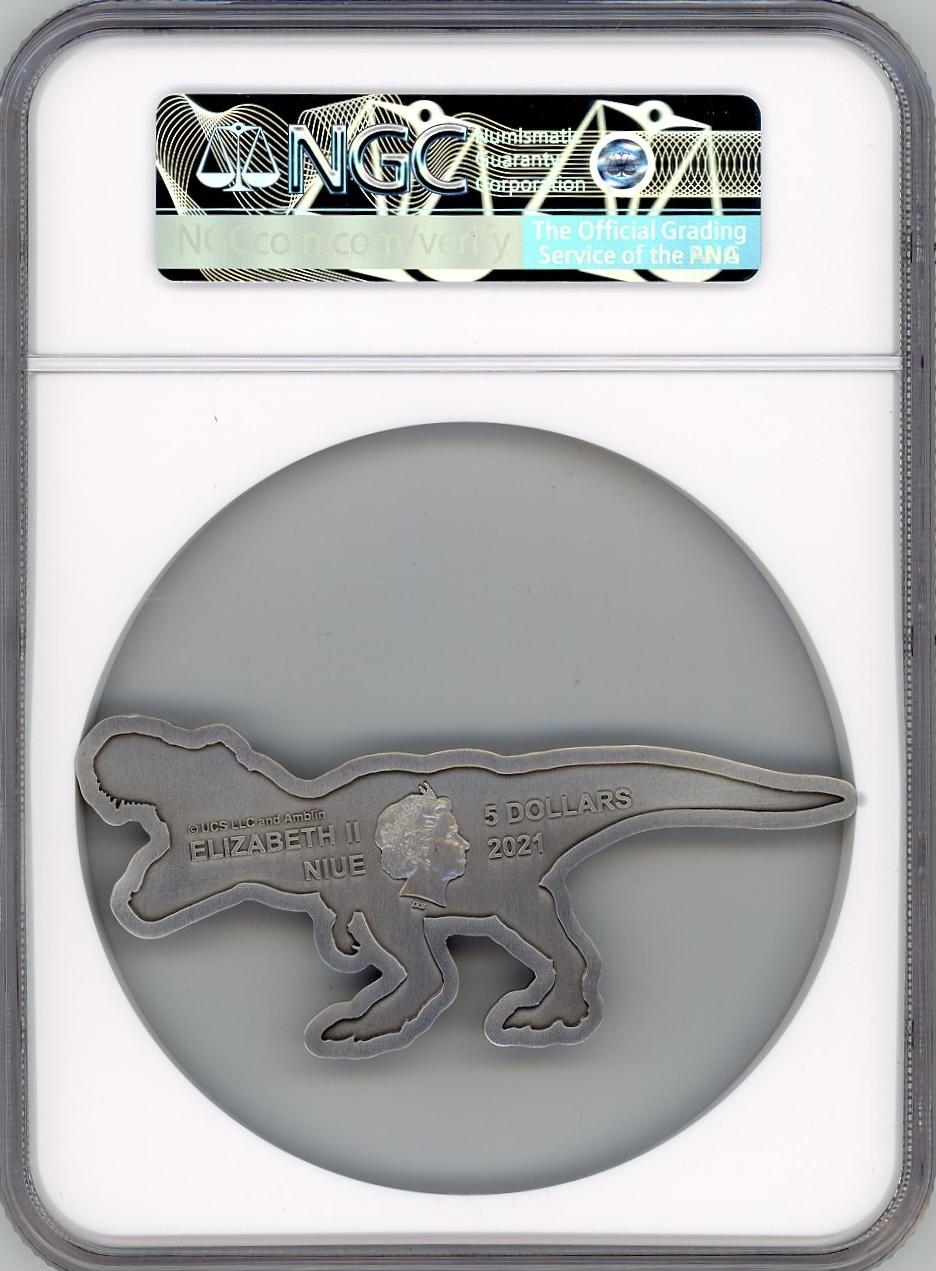 JURASSIC WORLD T-REX SHAPED 2oz SILVER ANTIQUED 2021 NIUE $5 COIN NGC ...