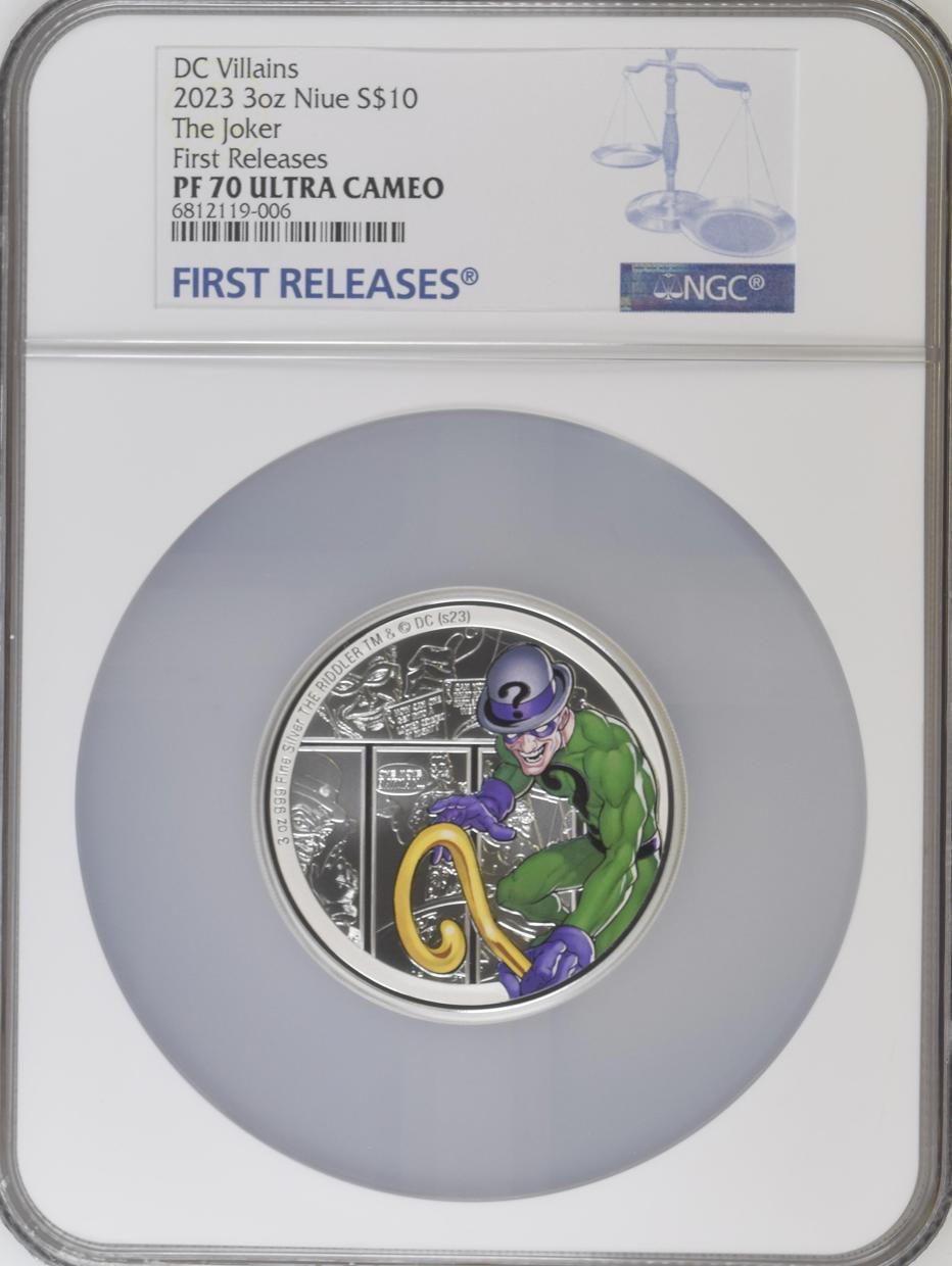 Error Label RIDDLER / Joker DC Villains 3 Oz Silver Coin 10$ 2023 Niue ...