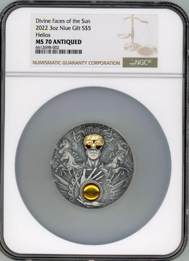 2022 Niue 3 oz Silver Antique Divine Faces of the Sun Helios NGC 70