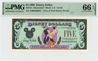 1990 $5 Disney Dollar Goofy PMG 66 EPQ (DIS16) - Elite Coinage Co.