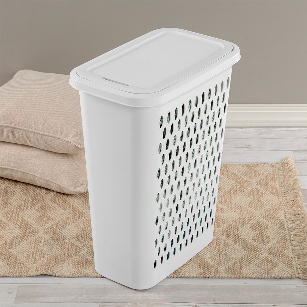 Sterilite 62L Slim Rectangular Laundry Hamper with Hinged Lid White Howards Storage World