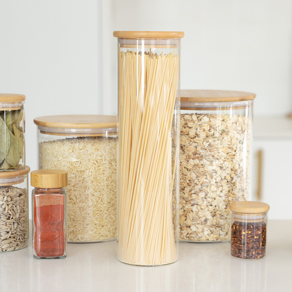 Glass Pasta Jar 1.2L with Bamboo Lid - Tall Round | Howards Storage World