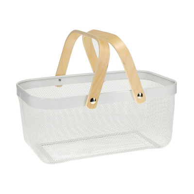 Rectangular Mesh Basket With Wooden Handle - White | Howards Storage World