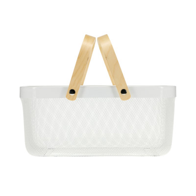 Rectangular Mesh Basket With Wooden Handle - White | Howards Storage World